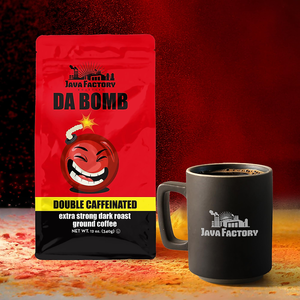 Java Factory High Caffeine Ground Coffee, Da Bomb Dark Roast, Double Caffeinated for a Bold, Strong Brew, 12 Ounce Bag, Perfect for French Press and Drip Coffee Makers
