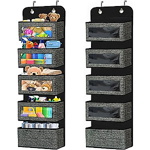 VERONLY Over Door Hanging Organizer storage with 5 Pockets, Wall Mount Storage with Clear Windows, 2 Widened Metal Hooks Behind Door Storage Organizer for Pantry, Nursery, Diapers, Closet, Dorm(Black)