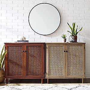Volans Set of 2 Accent Storage Cabinet with Woven Rattan Wicker Doors, Sideboard Buffet Cabinet for Entryway, Hallway or Living Room, Rubber Wood Veneer