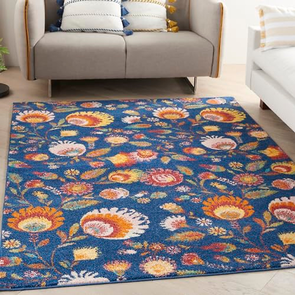 Nourison Allur Floral Navy Multicolor 5'3" x 7'3" Area -Rug, Easy -Cleaning, Non Shedding, Bed Room, Living Room, Dining Room, Kitchen (5x7)