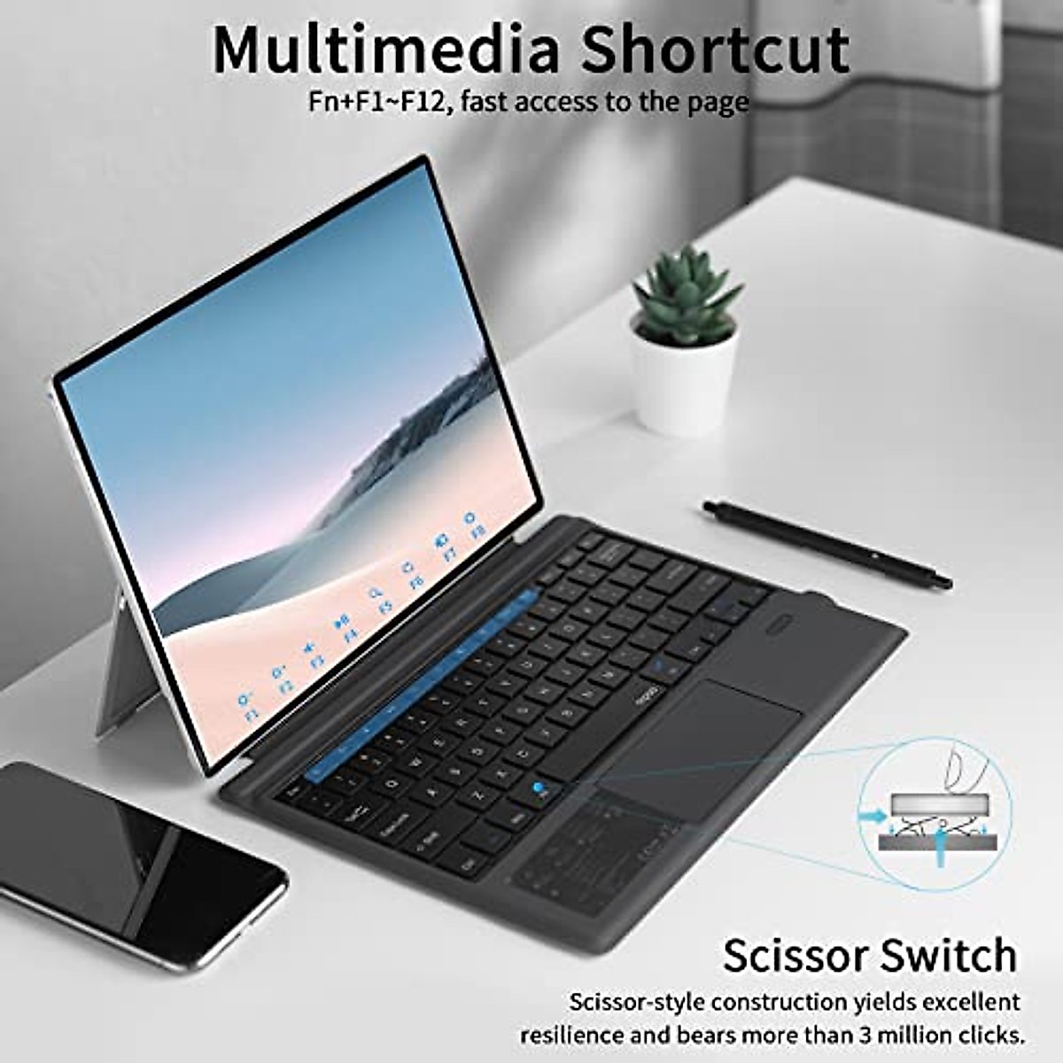 Rapoo XK200 Bluetooth Microsoft Surface Pro 7+/Pro 7/Pro 6/Surface Pro 5 (Pro 2017)/Pro 4 12.3 inch Tablet/Surface Pro 3 2014 Keyboard Case with Trackpad - Detachable Wireless Keyboard Type Cover