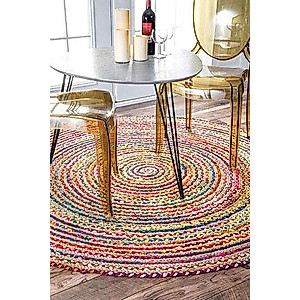 FRELISH DECOR Round Rug Area Rug, Jute & Cotton Multi Chindi Braid Rug, Hand Woven & Reversible- Handwoven from Multi-Color Vibrant Fabric Rugs Bohemian Colorful Rug (6 feet)