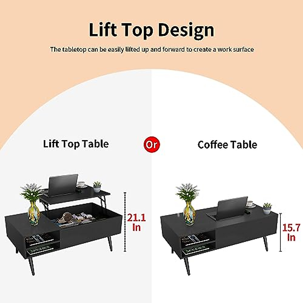 PayLessHere Lift Top Coffee Table with Adjustable Storage and Hidden Compartment Small Wood Coffee Table Center Table for Home Living Room Office Apartment Reception Room,Black