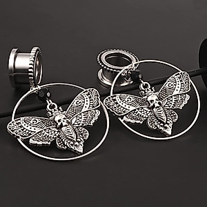 DOEARKO 2PCS Butterfly Pendant Hypoallergenic Stainless Steel Dangle Ear Plugs Tunnels Gauges Stretcher Pair Selling 2g 0g Piercing Body Jewelry (6mm(2G), Silver)