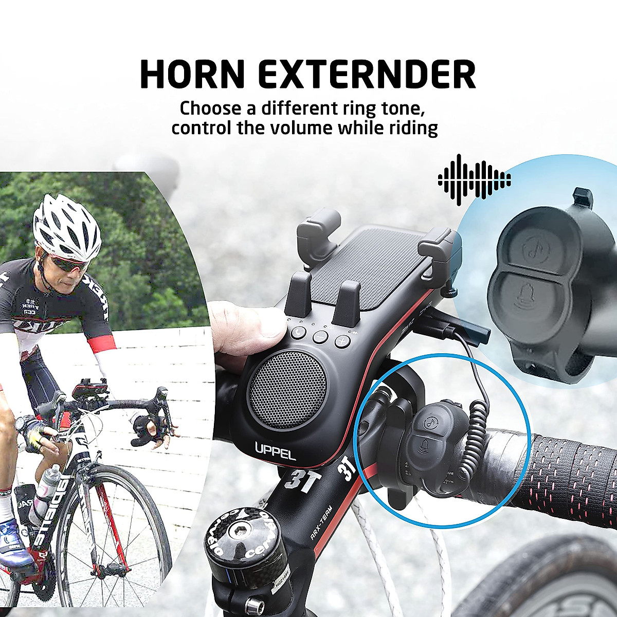 UPPEL Bluetooth Speaker Bicycle, Multifunctional Bike Phone Holder 10-in-1- LED Light - Power Bank - Bike Horn - Microphone - Ideal for Road & Mountain Bike (Black)