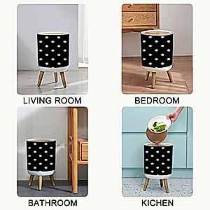 Small Trash Can with Lid with Tile White Polka dots on a Black Round Recycle Bin Press Top Dog Proof Wastebasket for Kitchen Bathroom Bedroom Office 7L/1.8 Gallon