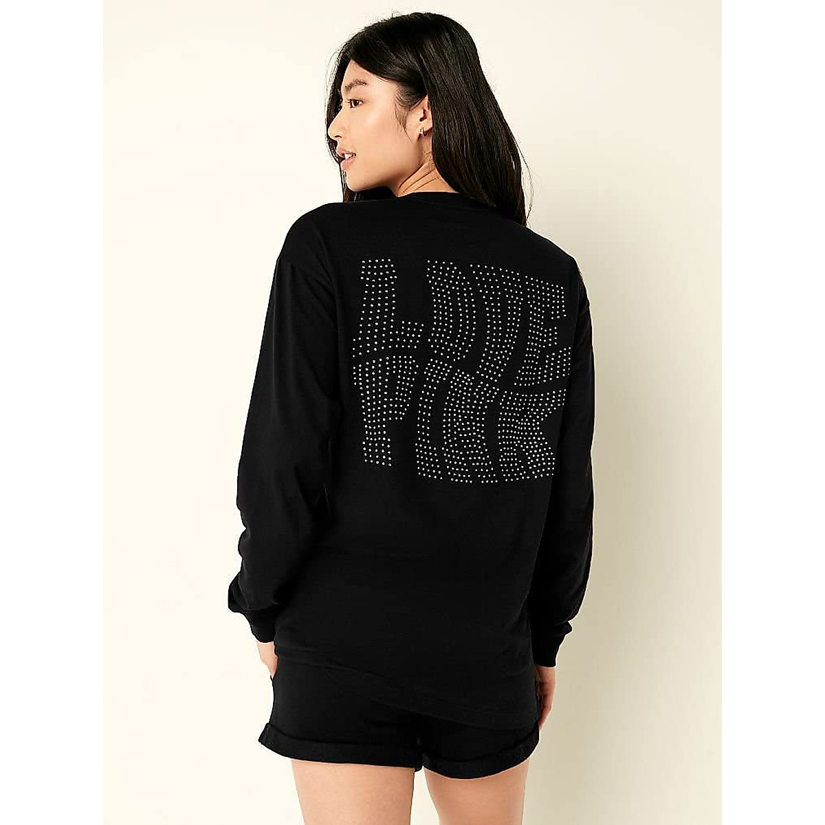 Victoria's Secret Pink Cotton Long Sleeve Campus T Shirt, Women's T Shirt, Pure Black, XL