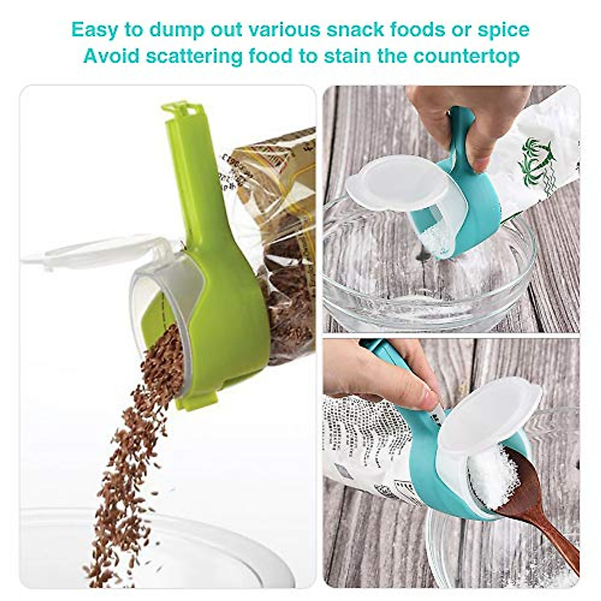 4pcs Food bag clipswith Pour Spouts, Great Clips Bags for Kitchen, Suitable for Small Particle Food, Liquid,Flour and Baby Food Storage Organizer