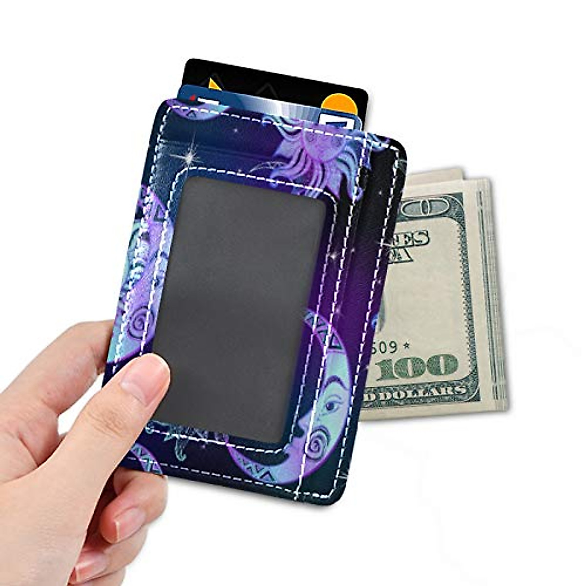 Linomo Thin leather Card Holder and Money Clip Galaxy Sun Moon Star Wallet RFID Blocking for Men & Women