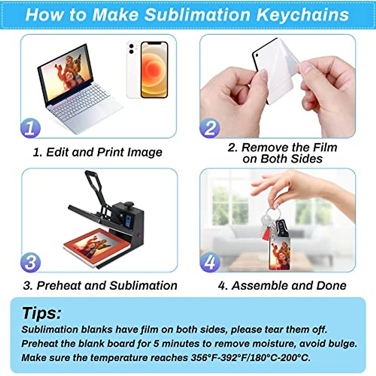 Modacraft Sublimation Keychain Blanks Bulk 120Pcs Sublimation Keychain Blanks Set with Rectangle Sublimation Blanks, Keychain Tassels, Keychain Rings and Jump Rings for DIY Keychain Crafting