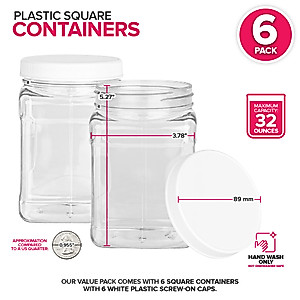 Stock Your Home Plastic Storage Jars (6 Pack) - 32 Oz Square Plastic Canisters with Lids - Shatterproof Plastic Storage Jars with Lids - Reusable Wide Mouth Clear Plastic Containers with Lids