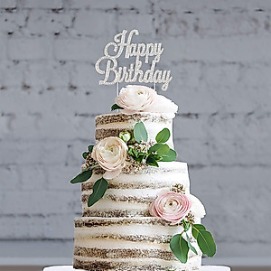 Happy Birthday Cake Topper - Premium Silver Metal - Happy Birthday Party Sparkly Rhinestone Decoration Makes a Great Centerpiece - Now Protected in a Box