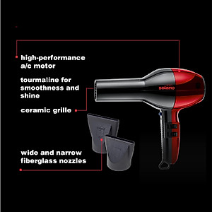 Solano Vero Rosso Ceramic Ionic Hair Dryer | Fast Drying 1600 Watt Lightweight Blow Dryer | Quiet + Ergonomic Design +Tourmaline for Added Shine and Smoothness | Italian-Made
