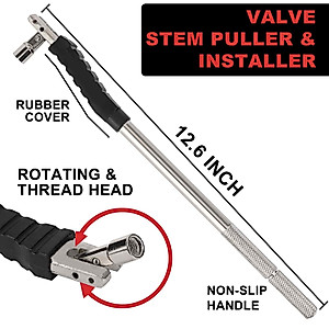 Hromee Tire Valve Stem Tool Puller and Installer Kit, 4PCS TR413 Tubeless Snap-in Valve Stem with Valve Stem Cores, Single Head Valve Core Remover and Slotted-Head Valve Cap