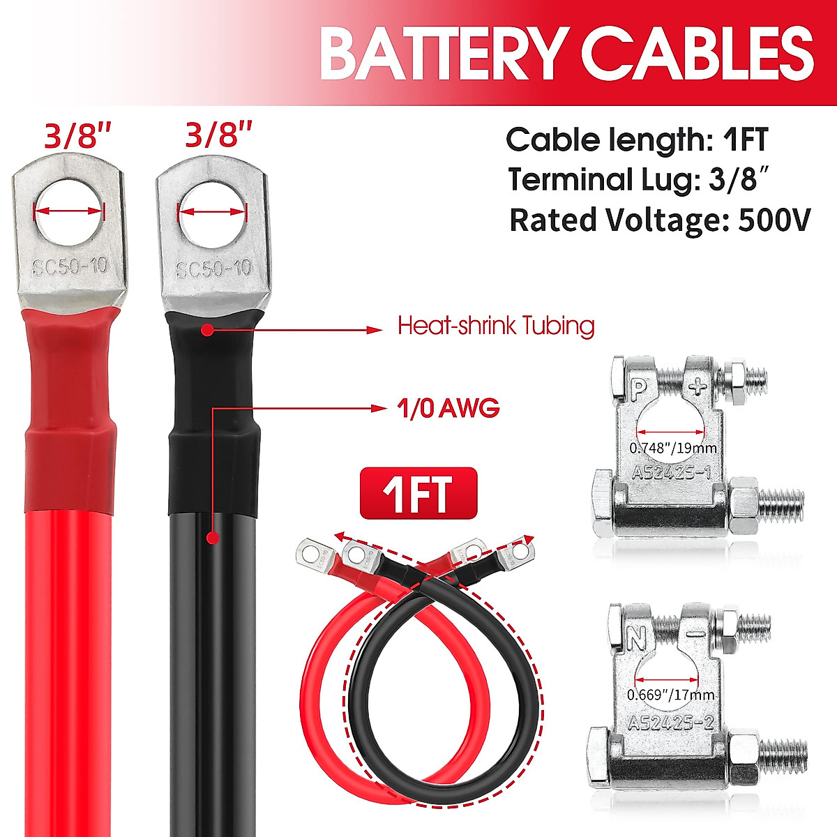 1/0 AWG Gauge Battery Cable 0 Gauge Power Inverter Cables with 3/8 Inch lugs for Solar Marine RV Car Truck Tractor Motorcycle (1FT, 1 red+1 black cable)