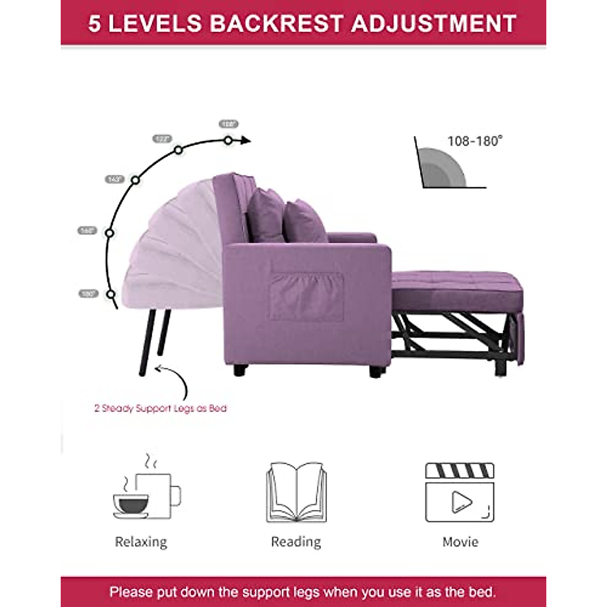 Litbird Convertible Chair Sleeper Bed, Futon Chair Turns Into Bed, Sofa Chair for Living Room, 3 in 1, Linenette, Purple