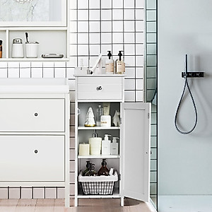 DORTALA Bathroom Floor Cabinet, Free-Standing Wooden Floor Storage Cabinet w/Large Drawer & 2 Adjustable Shelves, Morden Side Storage Bathroom Organizer Cabinet for Kitchen Living Room, White