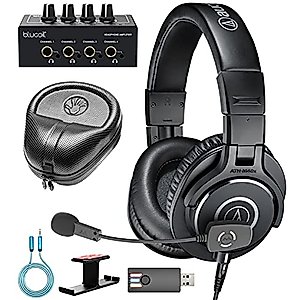 Audio Technica ATH-M40x Professional Studio Monitor Headphone Black Bundle with Antlion Audio ModMic Wireless, Blucoil 6' 3.5mm Extension Cable, Headphone Amp, Headphone Hook and Slappa Headphone Case
