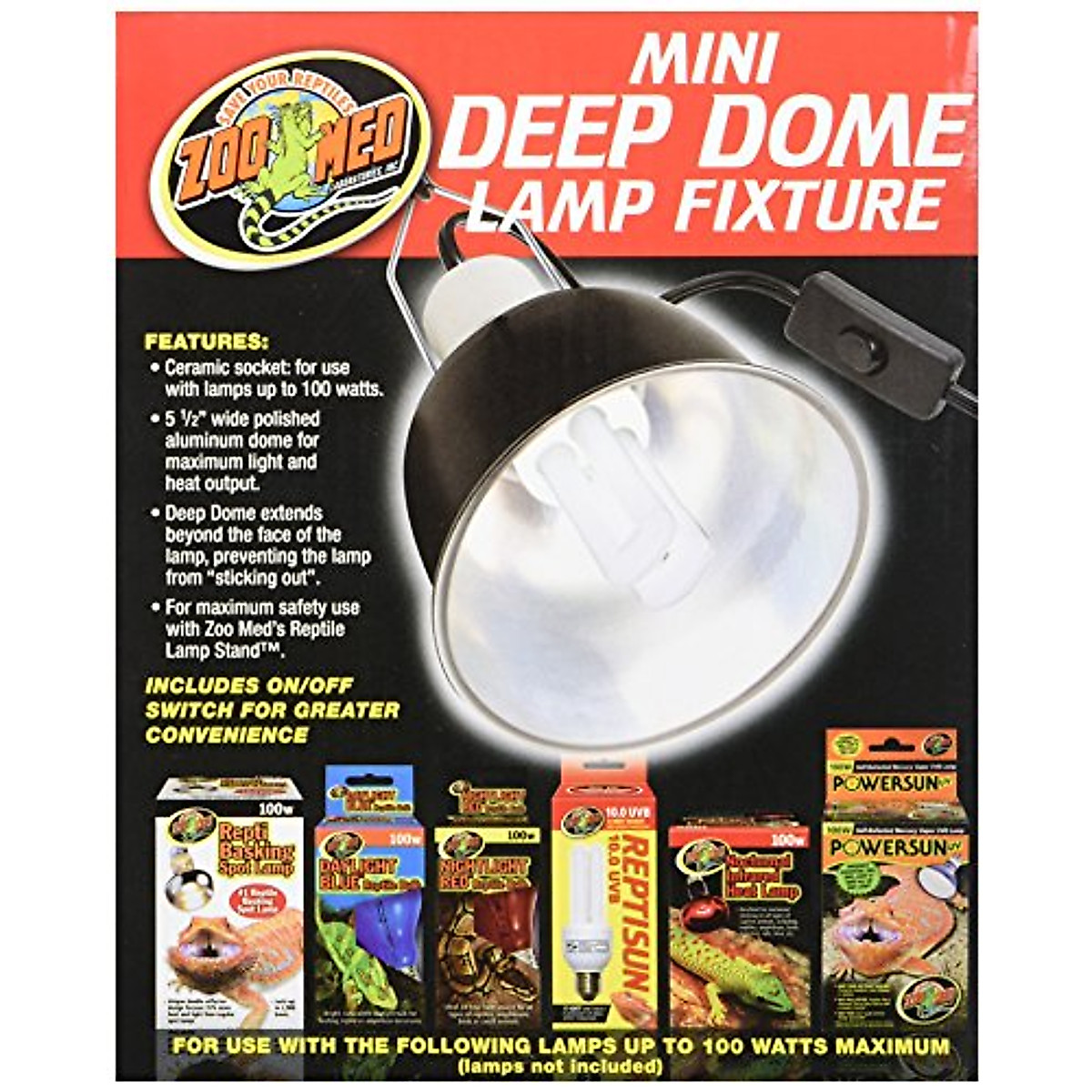 Zoo Med Mini Deep Dome Lamp Fixture with 5.5-Inch Dome, Black