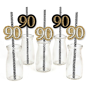 Adult 90th Birthday - Gold - Paper Straw Decor - Birthday Party Striped Decorative Straws - Set of 24