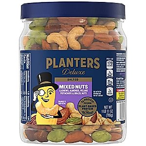PLANTERS Deluxe Mixed Nuts with Sea Salt, 27 oz. Resealable Container - Variety Mixed Nuts Snacks with Cashews, Almonds, Pecans, Pistachios & Hazelnuts - Energy Boost - Kosher