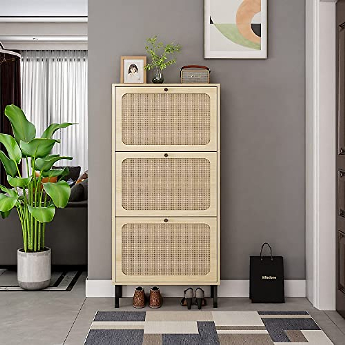 Pvillez Natural Rattan Shoe Cabinet, Modern Free Standing Shoe Racks Storage Cabinet with 3 Flip Drawers and Storage Shelves, Narrow Shoe Rack Cabinet for Entryway, Hallway, Bedroom, Natural