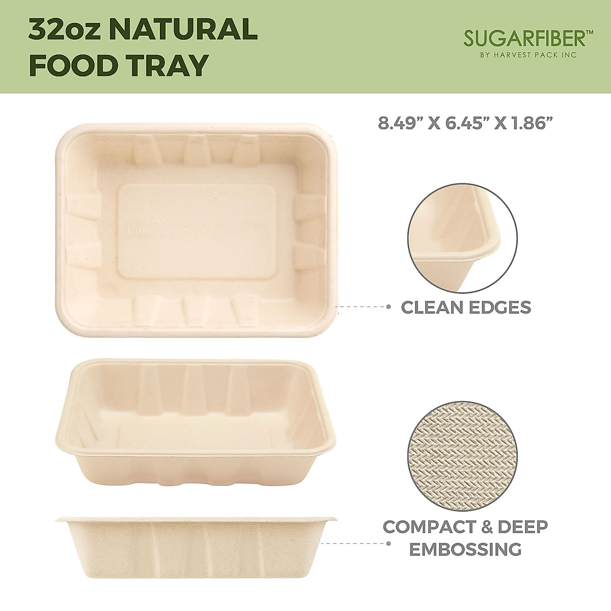Harvest Pack GOURMET SHOWCASE [400 COUNT] Sugarfiber 32 oz Compostable Disposable Food Container Serving Trays, Rectangle, Made from 100% Eco-Friendly Plant Fibers