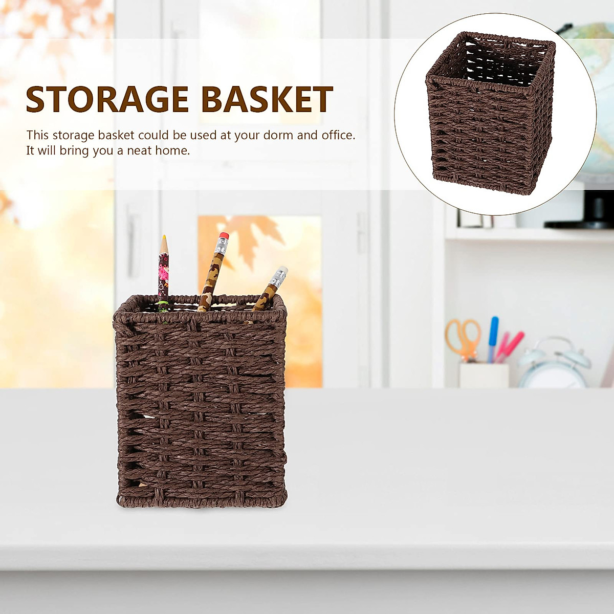 Cabilock Yellow Wicker Pencil Holder Pen Holder Rattan Makeup Brush Holder Makeup Holder Pencil Cup Desk Cup Holder Cutlery Utensil Caddy Silverware Holder