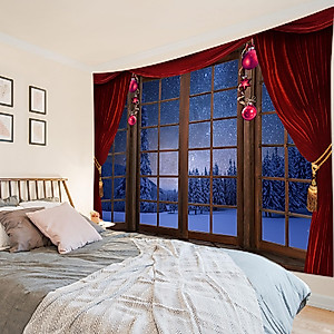 HVEST Winter Tapestry Wall Hanging Snowy Pine Tree Forest and Mountain Nature Landscape outside Window Tapestry for Bedroom, Christmas Night Tapestry for Living Room Dorm Decor, 51L X 59W inches