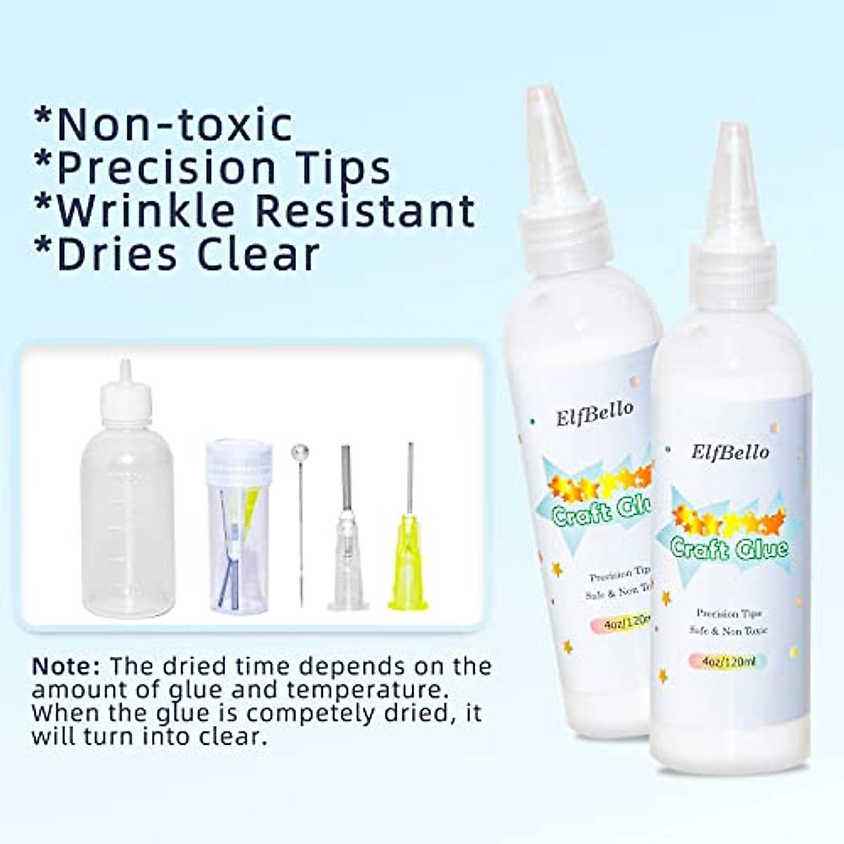 ElfBello Art Craft Glue with Fine Tips & 50ml Glue Applicator Bottle, Adhesive Art Glitter Glue for Paper Craft DIY Scrapbook, Quick Dries Clear Glue Wrinkle Resistant, 4fl oz 2 Pack