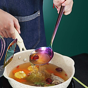 HOMQUEN Ladle, Stainless Steel Kitchen Ladle with Titainium Rainbow Plating, Soup Ladle, Cooking Ladle, Metal Soup Spoon for Cooking, Dishwasher Safe