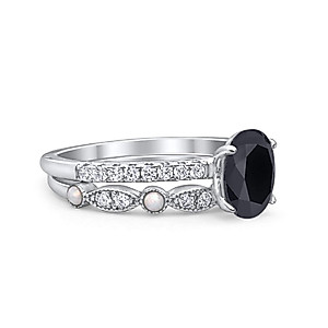 Simulated Black Cubic Zirconia Size-10 Two Piece Oval Art Deco Bridal Set Wedding Engagement Ring Band Round Simulated Cubic Zirconia 925 Sterling Silver