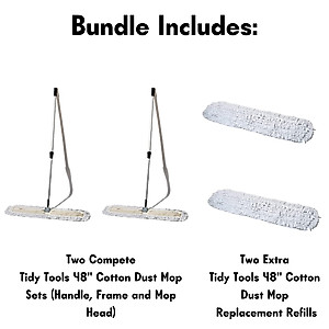 Tidy Tools Commercial Dust Mop & Floor Sweeper – 48 x 5 in. and Cotton Reusable Mop Head Bundle - 2 Mop Sets and 2 Refills