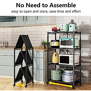 4-Shelf General Purpose Collapsible/Foldable Shelving Unit, Sturdy Storage Rack with Caster Wheels. 4-Tier Organizer, Laundry/kitchen storage shelves, Heavy Duty Metal Frame, No Assemble Needed, Black