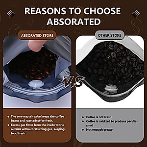 Coffee Bags with Valve - 50 Count Resealable Flat Bottom Pouch - 8 Ounce Vented Coffee Packages Bags with Zipper by Absorated