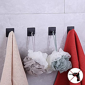 kimzcn Matte Black Adhesive Hooks Heavy Duty Wall Hooks Waterproof Stainless Steel Hooks, Towel Robe Hook Rack Wall Mount - Bathroom and Bedroom 4-Packs