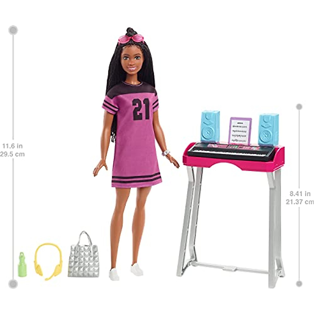 Barbie: Big City, Big Dreams Barbie “Brooklyn” Roberts Doll (11.5-in, Brunette with Braids) & Music Studio Playset with Keyboard & Accessories, Gift for 3 to 7 Year Olds