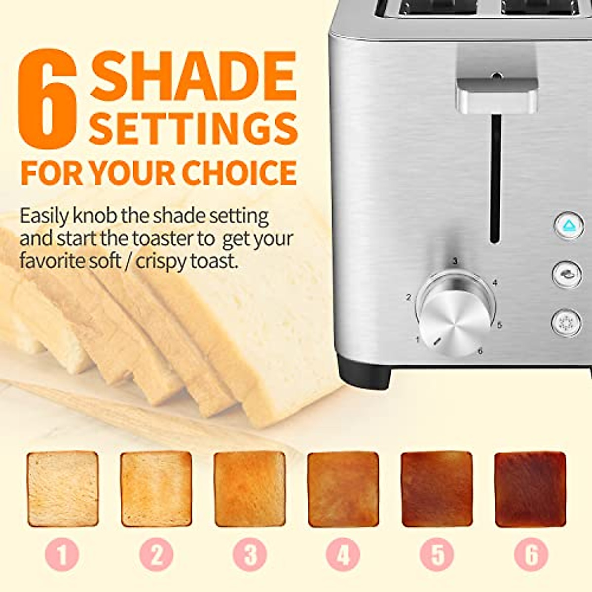 Kikiwell Toaster 2 Slice, Stainless Steel Bread Toasters, Extra Wide Slots, 6 Bread Shade Settings, Bagel/Defrost/Cancel Function, Removable Crumb Tray, 120V/850W (2 Slice)