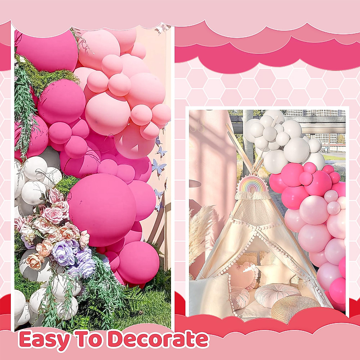 146 Pieces Rose Pink Balloon Garland Arch Kit Hot Pink Balloon Garland Kit White Balloons for Wedding Party Princess Theme Birthday Bridal Shower Decorations