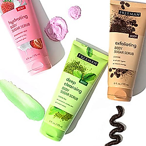 Freeman Sugar Body Scrub Set, Strawberry Milk, Green Tea, and Coffee Body Scrubs, Hydrating, Exfoliating, & Deep-Cleansing Skincare, Removes, Dirt, Oil, & Impurities, Self-Tan Prep, 3 Count