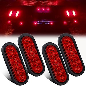 4Pcs 6 Inch Oval LED Trailer Tail Lights 10 LED, Red Trailer Truck LED Sealed RED 6" Oval LED Stop Turn Tail Light Brake Lights Flush Mount w/Rubber Grommets 3-Prong Wire Pigtails Waterproof