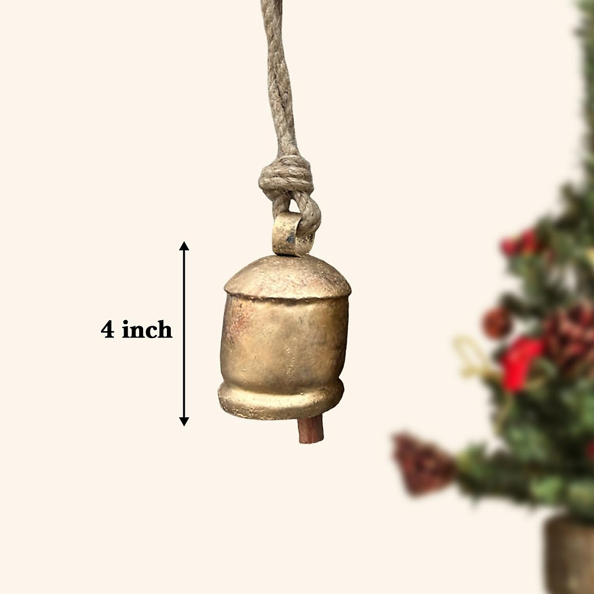 4 inch Giant Harmony Cow Bells Huge Vintage Handmade Rustic Lucky Christmas Hanging jingle bells (Country Rustic, Large) Set of 4 Handmade Bells with Jute Rope