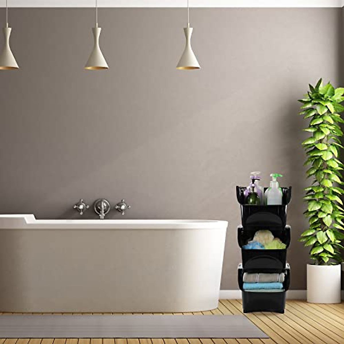 Nicesh Plastic Stacking Bins, Stackable Storage Basket Trays, Black, Set of 3