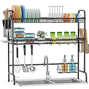 PACKISM Over The Sink Dish Drying Rack, 2 Tier Stainless Steel Over Sink Rack, Kitchen Over The Sink Shelf with Durable Dish Drainer, Large Dish Rack Over Sink for Kitchen Counter, Black