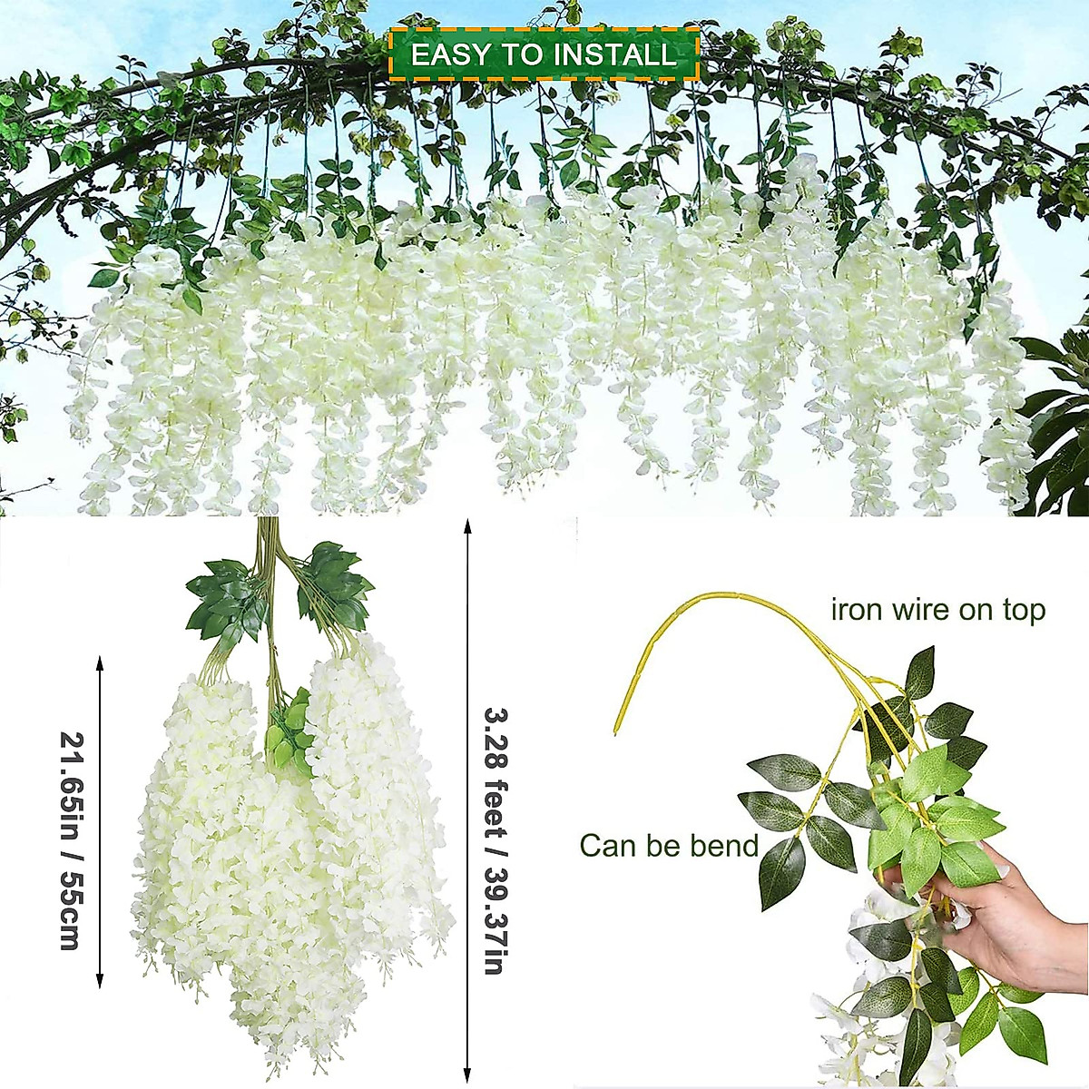 10 Pack White Wisteria Hanging Flowers Vine Garland, 3.28 Feet Fake Wisteria Flowers Strings,Artificial Wisteria Fake Flowers,Wisteria Vine for Home Room Garden Outdoor Wedding Arch Floral Wall Decor