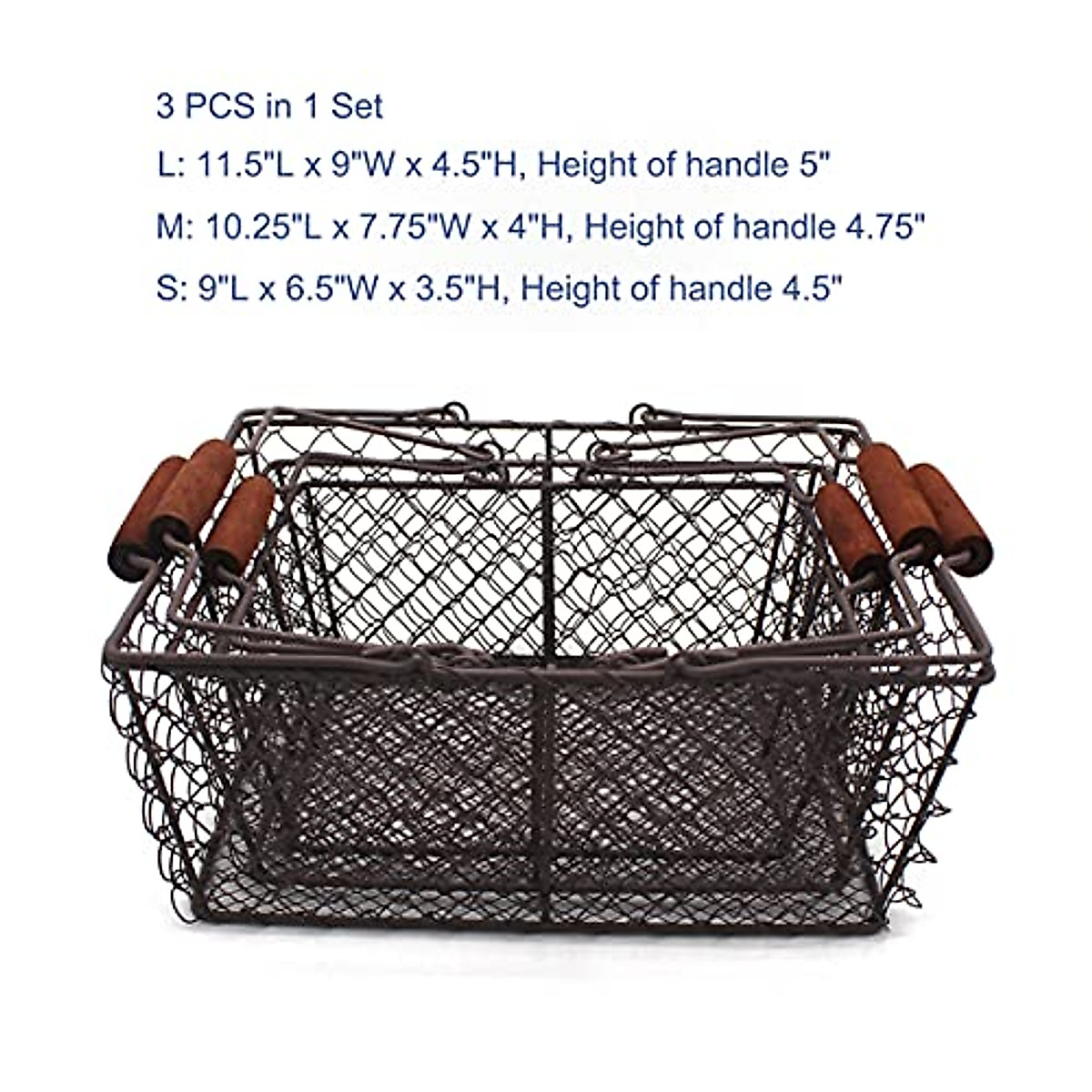 CVHOMEDECO. Primitive Chicken Wire Gathering Baskets with Wood Handle Rectangular Farmhouse Storage Baskets Set, Rusty, Set of 3