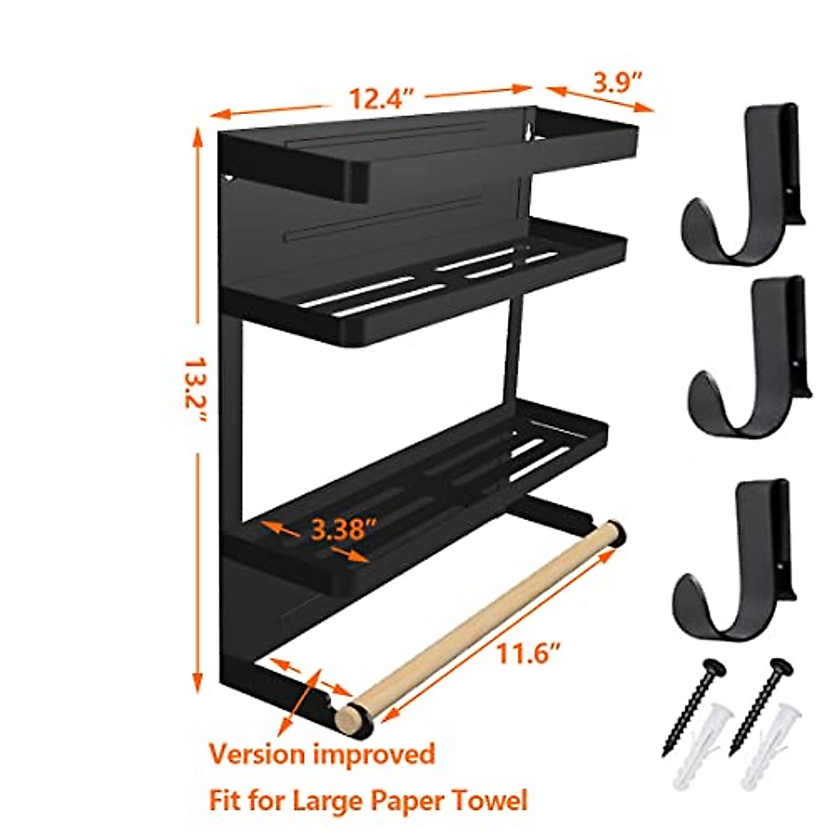 VIAV Magnetic Spice Rack with Paper Towel Holder for Refrigerator with 2-Tier Shelf Spice Rack Strong Magnetic Backing with 3 Hooks for Kitchen Storage,Refrigerator,Freezer,Grill Silver