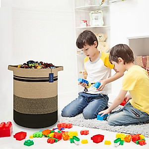 COMSE Extra Large Laundry Basket, Tall Blanket Basket, Laundry Hamper with Handles, 15.7”x 21.7”, Cotton Rope Basket, Woven Laundry Basket, Toy Basket, Clothes Baskets,Woven Basket, Brown/Black