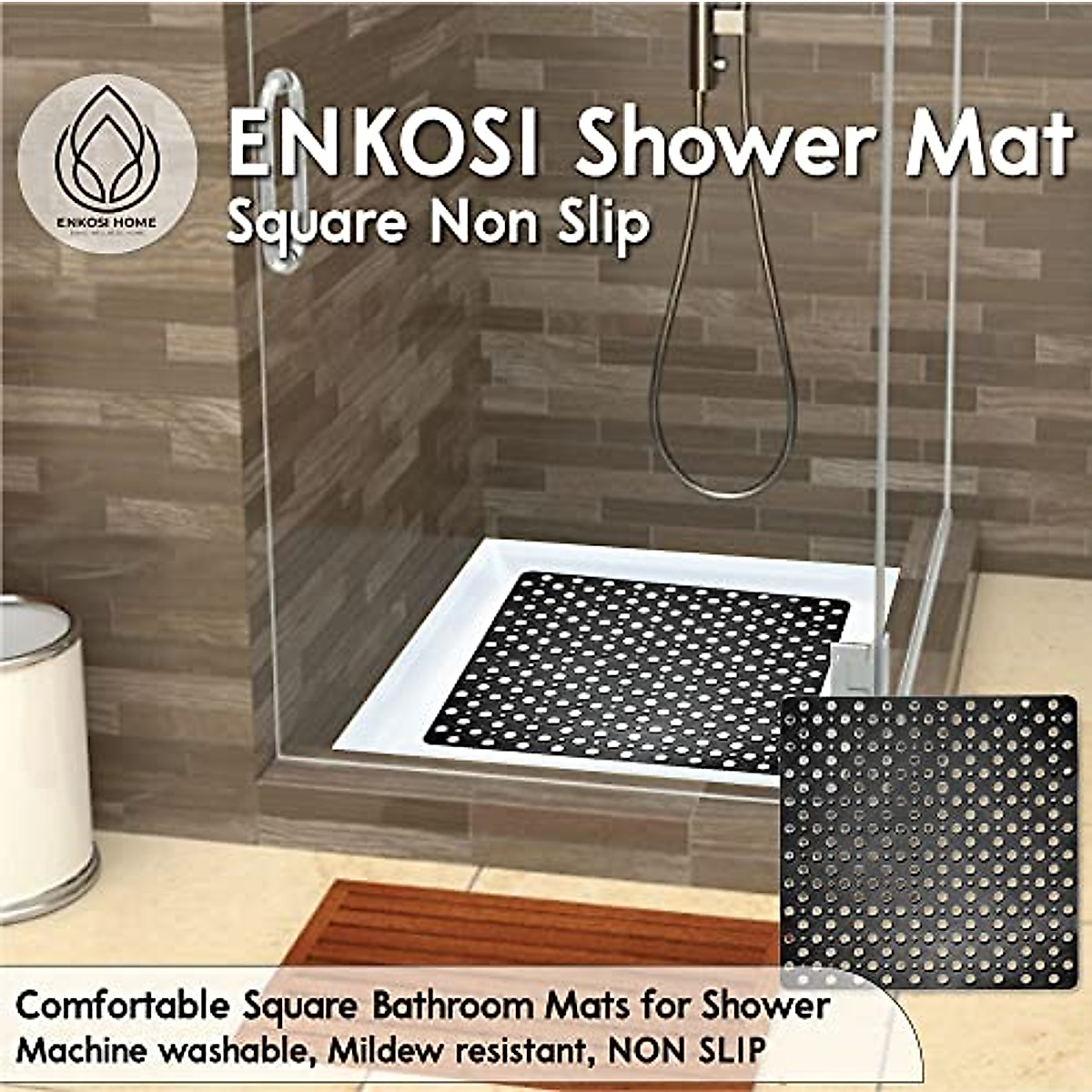 ENKOSI Large Square Non Slip Shower Mat | 27 x 27-inch Shower Mats for Showers Anti Slip - Square Shower Stall Mat for Bathroom Shower Floors | Secure Suction Cups and Drain Holes (Grey)