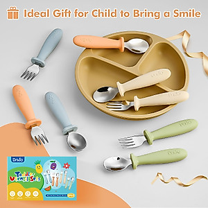 DRKIO 8 Pieces Toddler Utensils Set - Kids Silverware Set with Silicone Handle Children Safe 18/8 Stainless Steel Forks and Spoons Anti-Choke Design Food Grade Dishwasher Safe